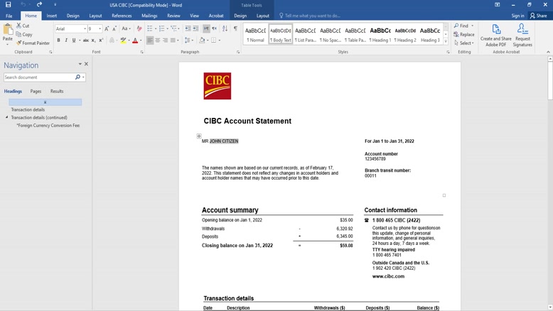 Mp4.ir | USA CIBC BANK STATEMENT, WORD AND PDF TEMPLATE, 4 PAGES